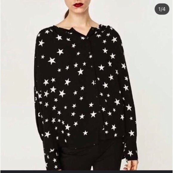 Zara | Tops | Zara Woman Black White Star Print Buttonup Blouse Long ...